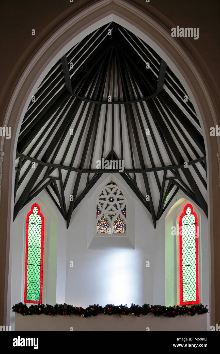 church interior with open beams. Nave and chapel Stock Photo - Alamy