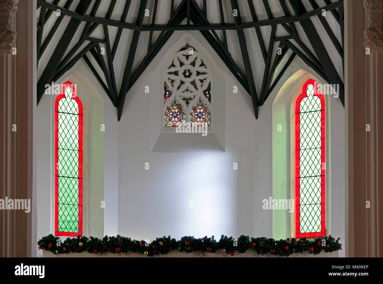 church interior with open beams. Nave and chapel Stock Photo - Alamy
