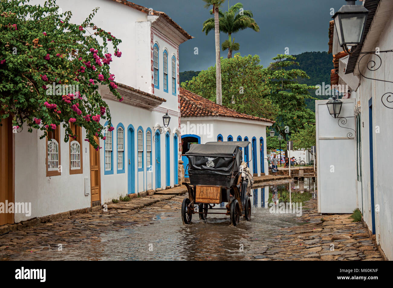 Paraty, Brazil. Carriage passing by water puddle in cobblestone alley ...
