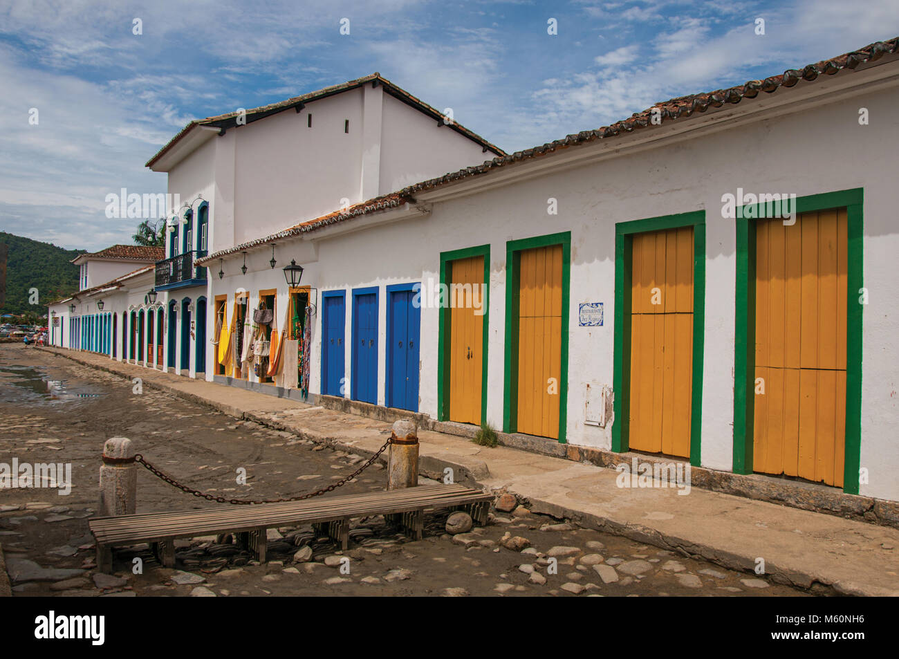 Paraty, Brazil. Cobblestone street with old colorful houses and ...