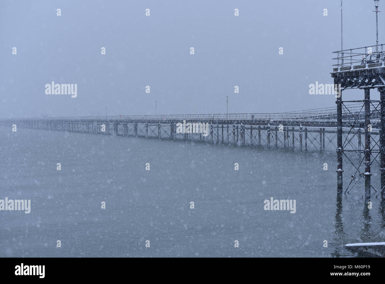 Southend Pier in a snow storm during the ‘Beast from the East’ weather ...