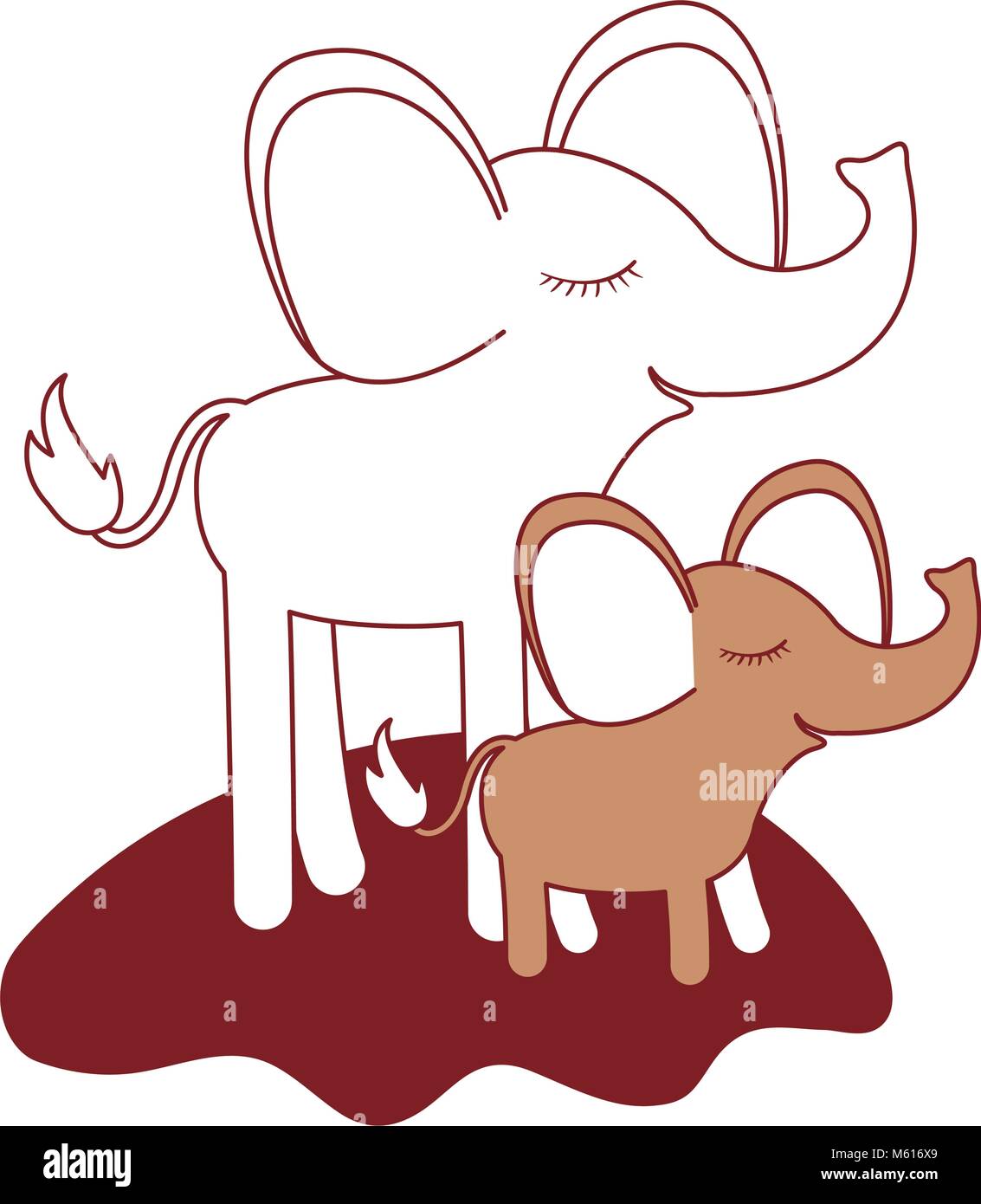 cartoon elephant mom and calf over grass in color sections silhouette ...