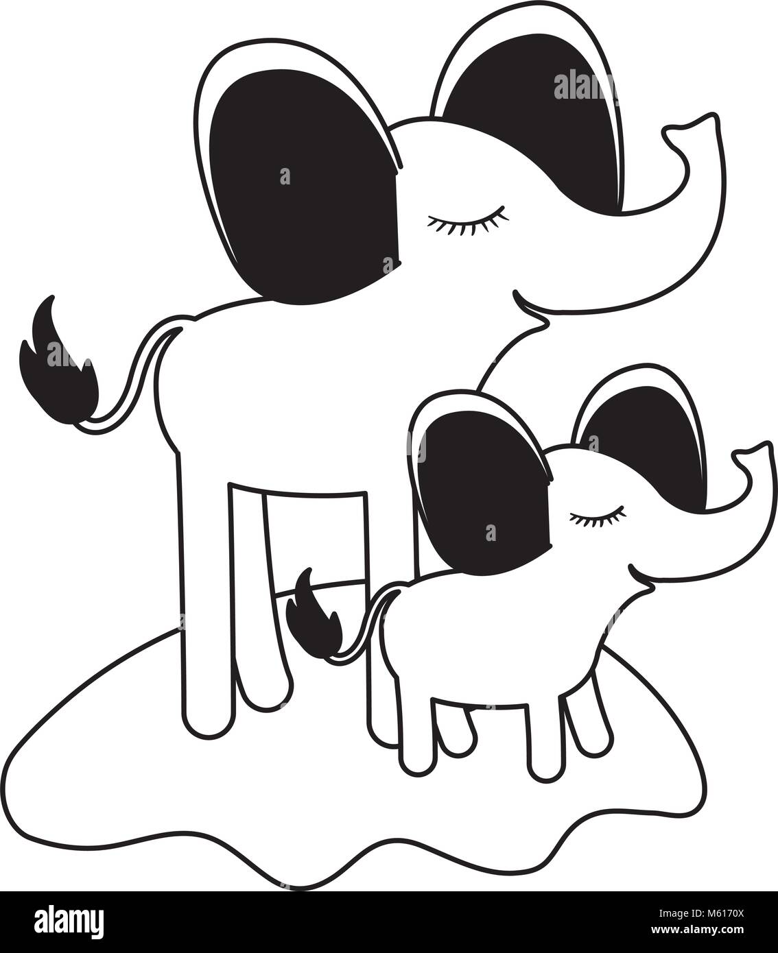 cartoon elephant mom and calf over grass in black silhouette Stock ...