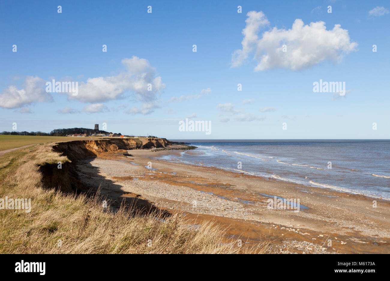 Crumbling cliffs in winter at Happisburgh Beach in Norfolk England UK ...