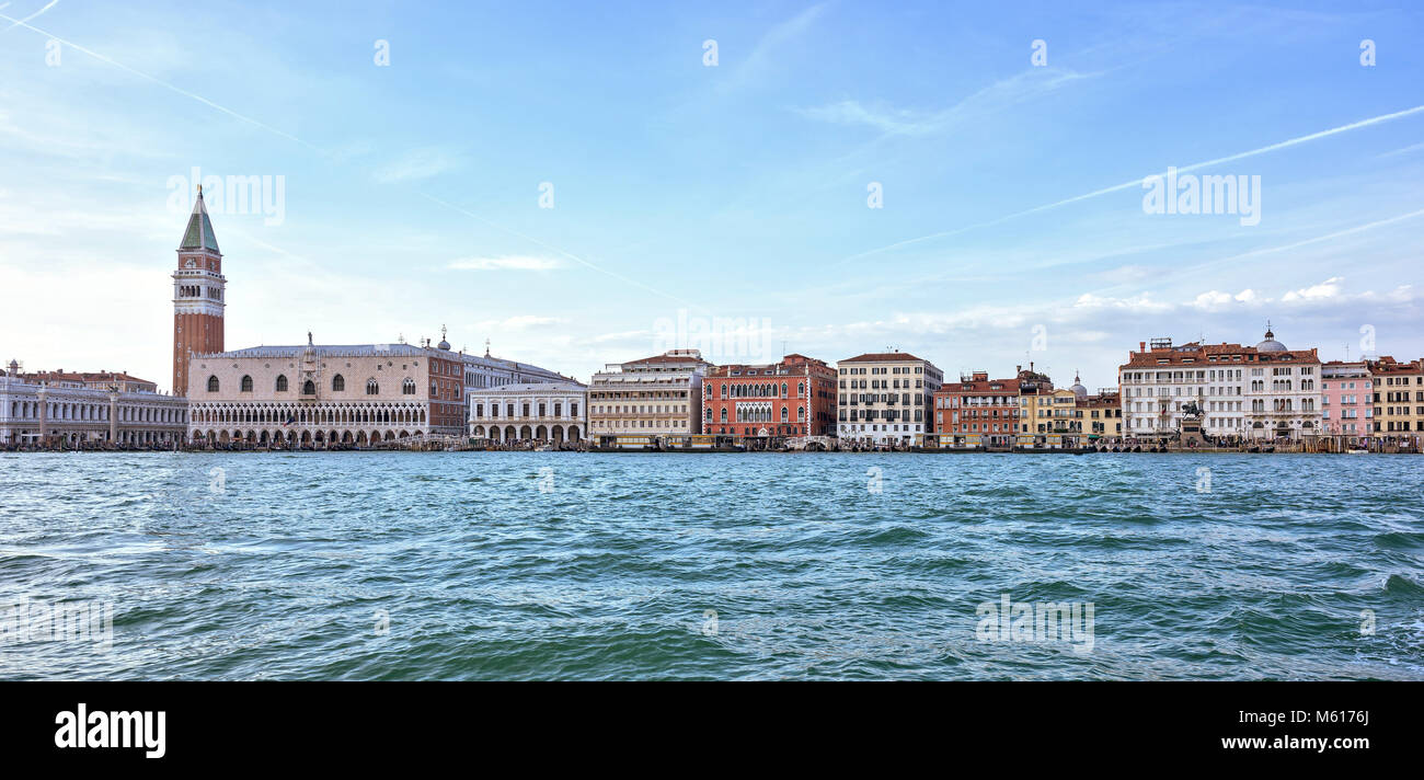 Daylight view from boat to Riva degli Schiavoni waterfront and colorful ...