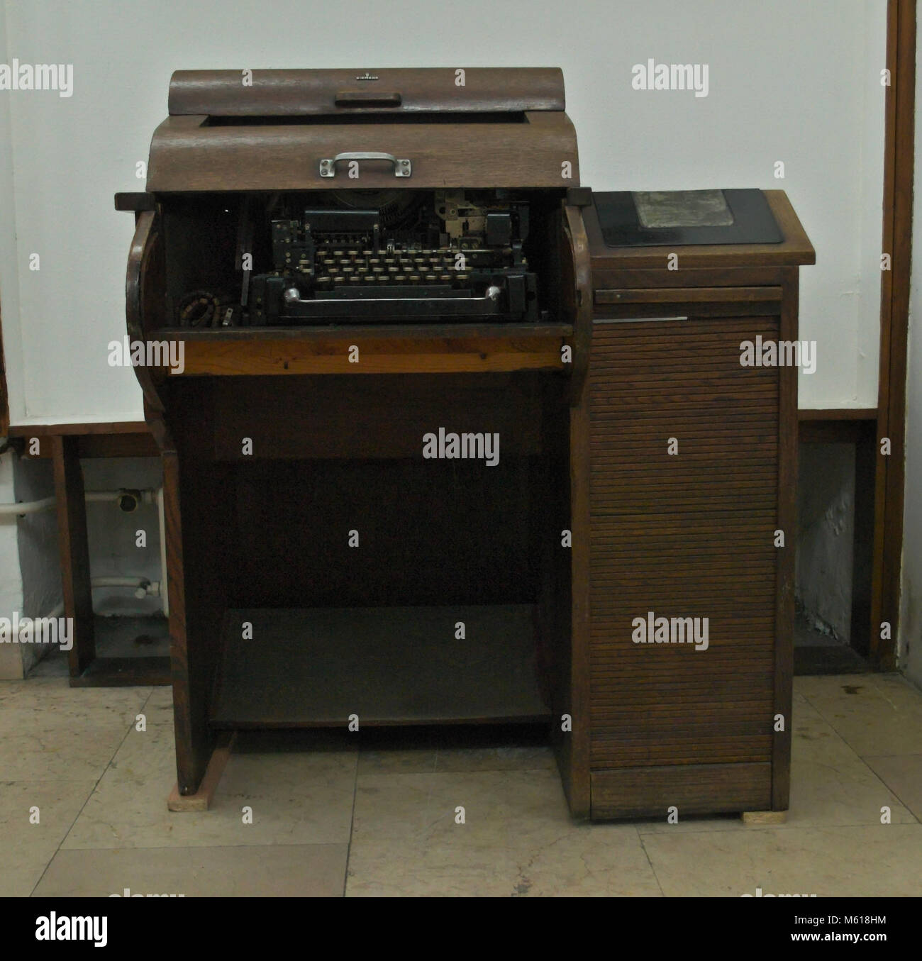 Old vintage typewriter and desk used in railway administration ...