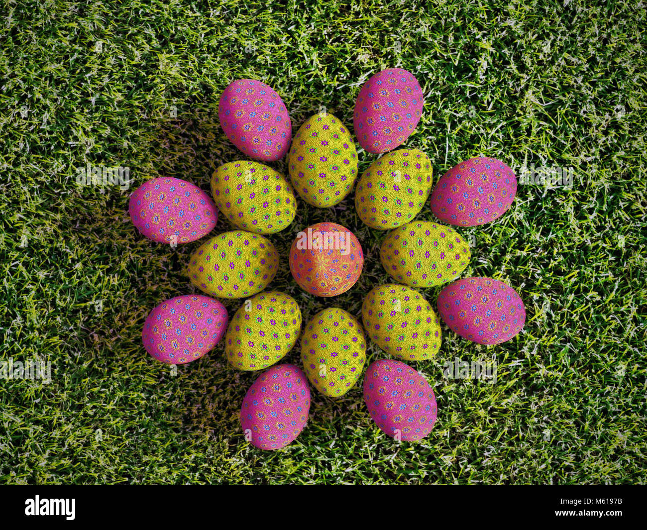 3D render of colorful easter eggs arranged into flower pattern placed ...