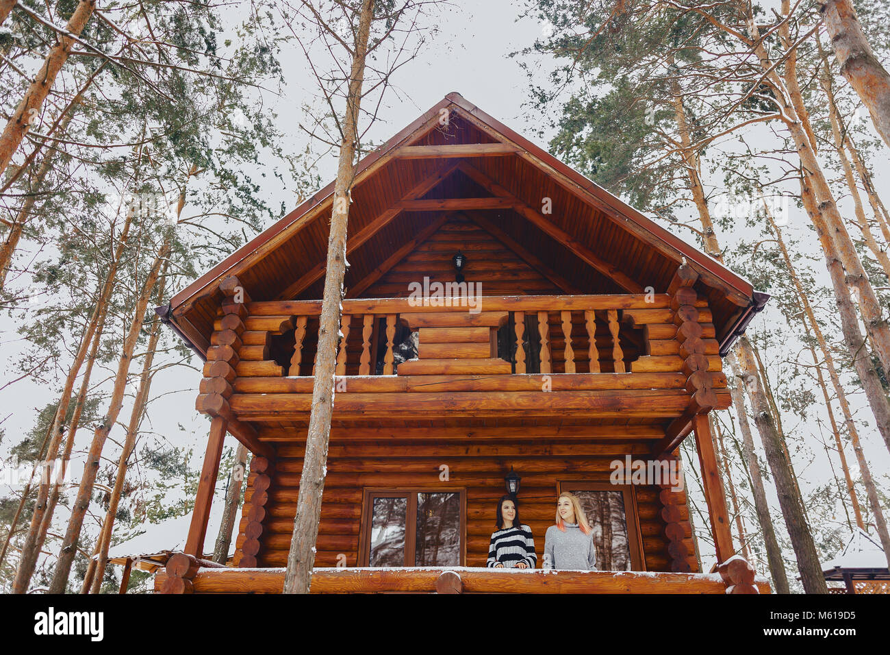 the girls came out of a cottage wooden house on the background of snow ...