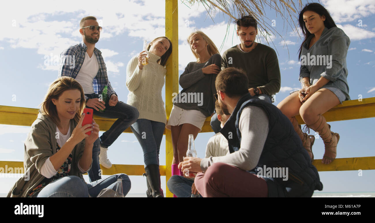 Happy Group Of Friends Hanging Out At Beach House having fun and ...