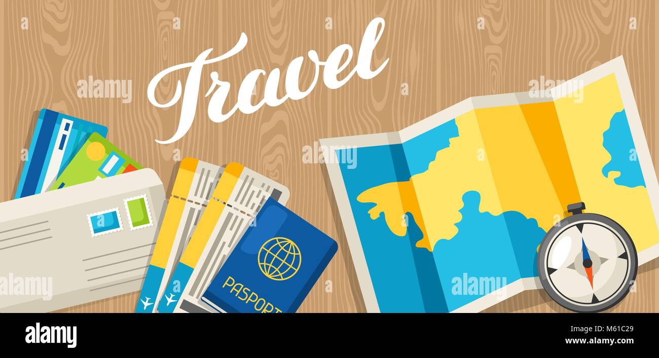 Travel concept illustration. Traveling background with tourist items on ...