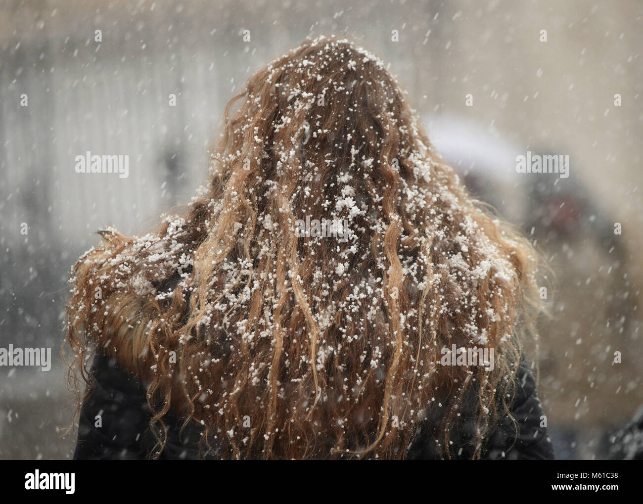 Snow falling on a woman's hair in London, as heavy snowfall is ...