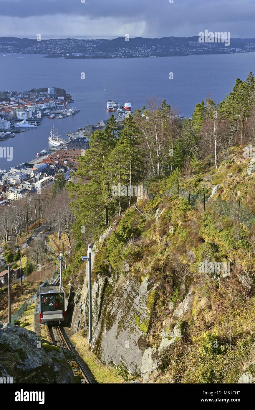 Bergen's rocky and wooded town hill Fløyen with the funicular railway ...