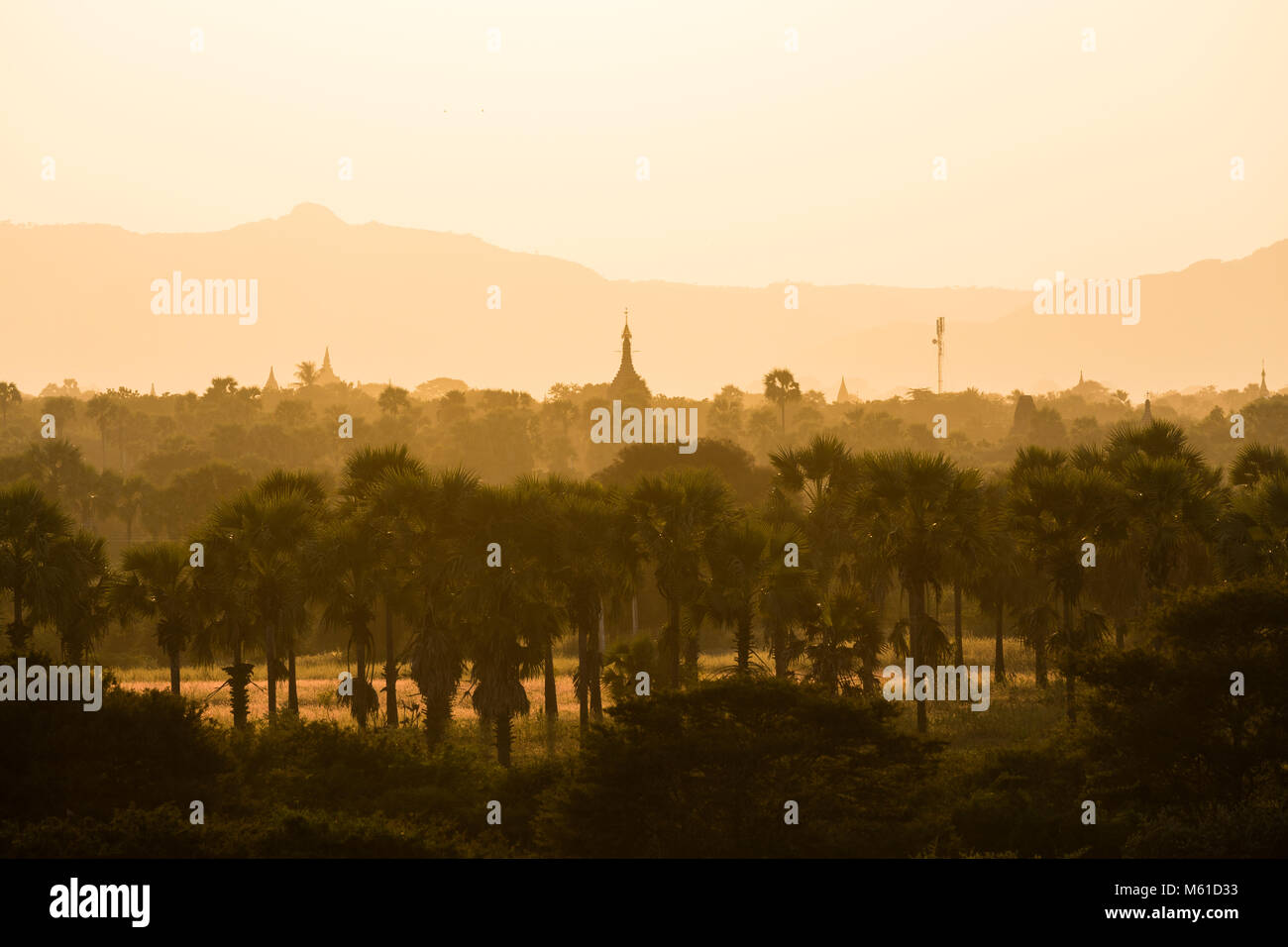 Landscape with temples and pagodas in the magic evening light in Bagan ...