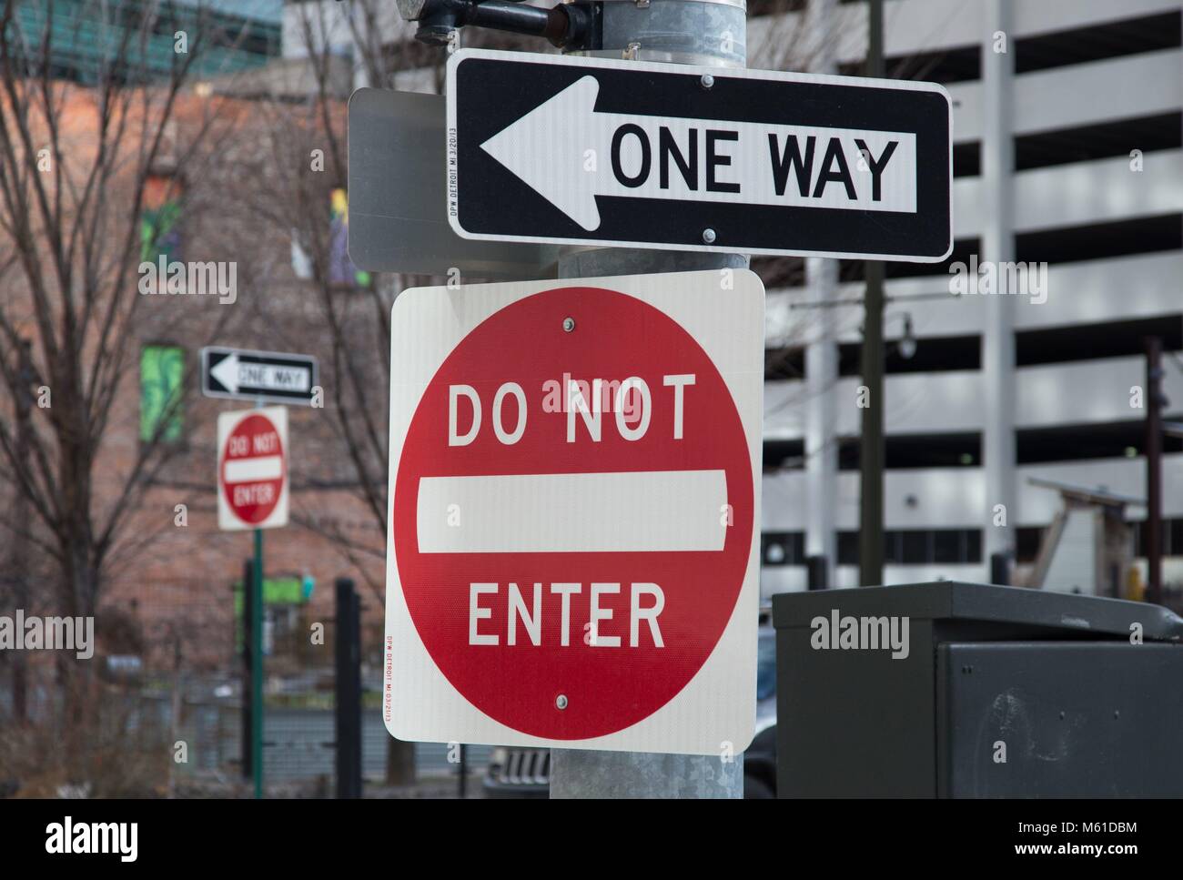 The road signs "one-way street" and "passage prohibited" pictured on ...