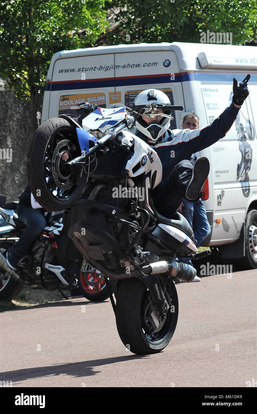 Acrobatic motorcycle driving show, Sainte-Foy Les Lyon, France Stock ...