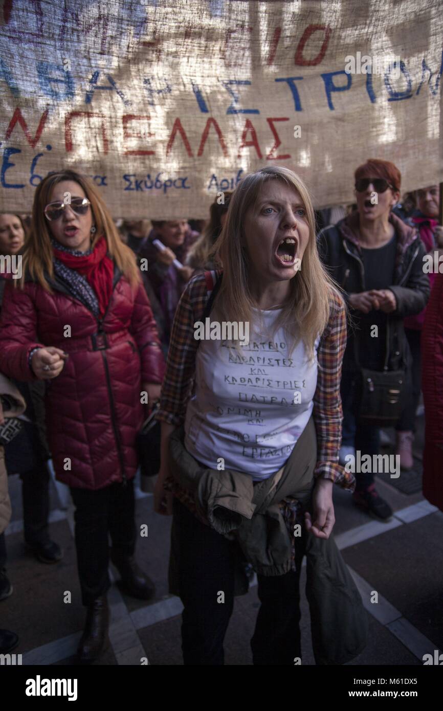 Greek cleaning women protest in front of Ministry of Employment against ...