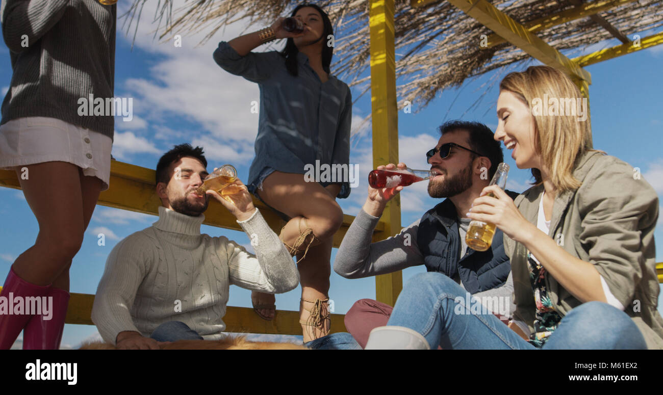 Happy Group Of Friends Hanging Out At Beach House having fun and ...