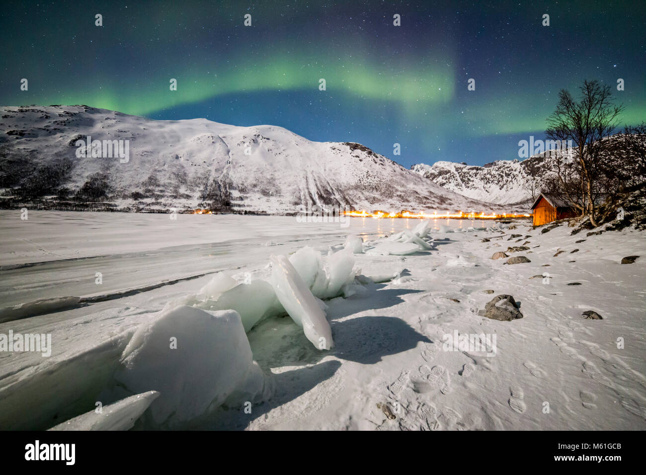 Aurora borealis or northern lights, active coloured curtains moving ...