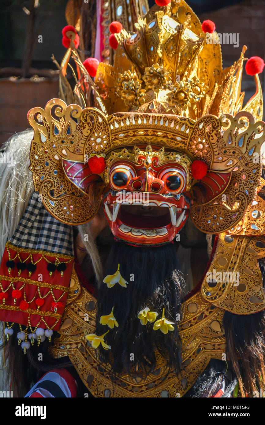 Balinese locals performing Barong, a mythical lion-like creature at a ...