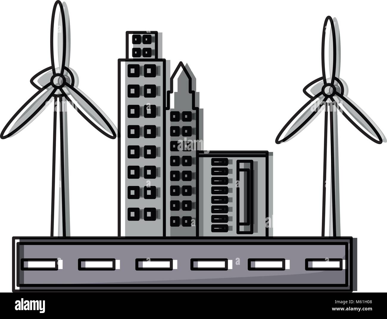 city buildings and wind turbines over white background, colorful design ...