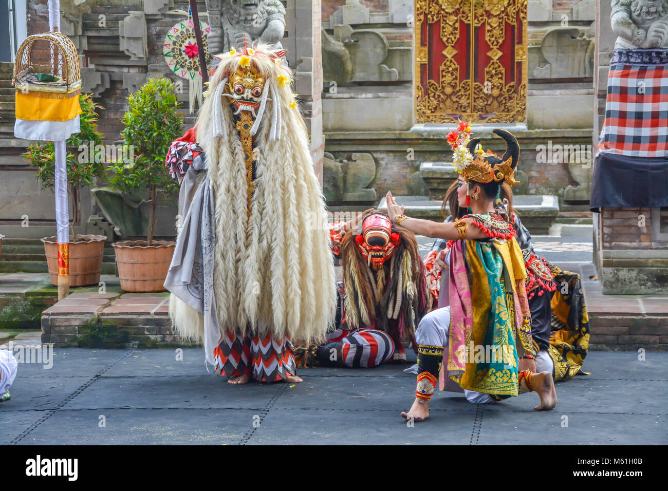 Balinese locals performing Barong, a mythical lion-like creature at a ...