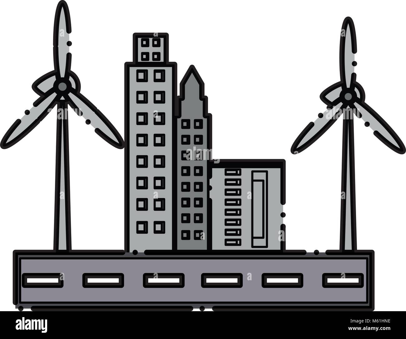 city buildings and wind turbines over white background, colorful design ...