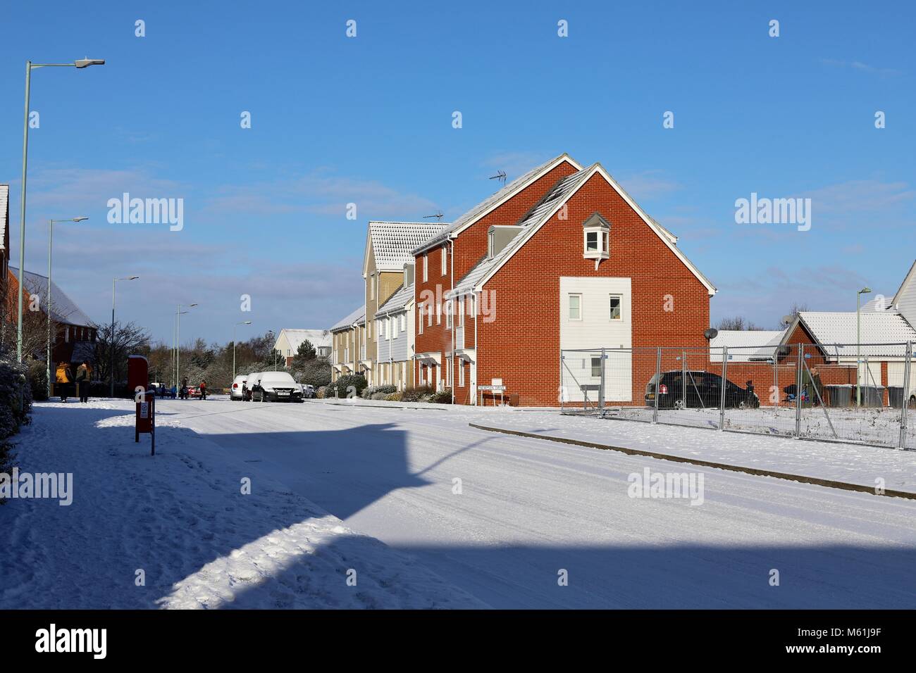 Snow on the houses and roads of Kesgrave Suffolk during the cold snap ...