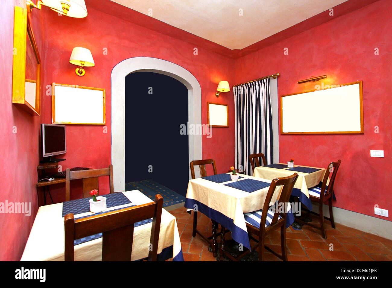 Retro restaurant interior with red walls and blue tableclothes Stock ...