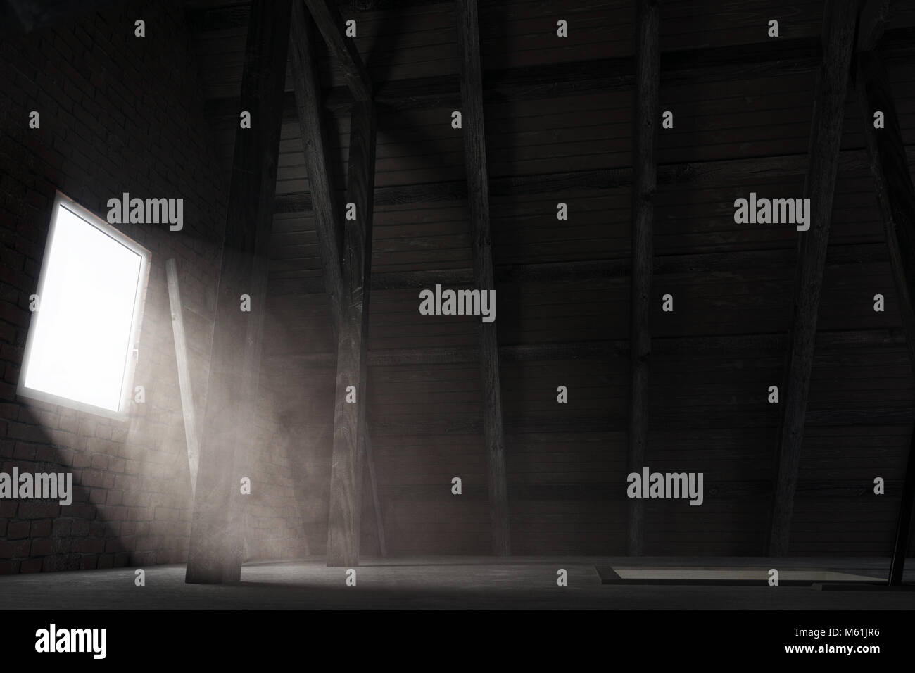 3d rendering of brighten attic with light rays at window Stock Photo ...