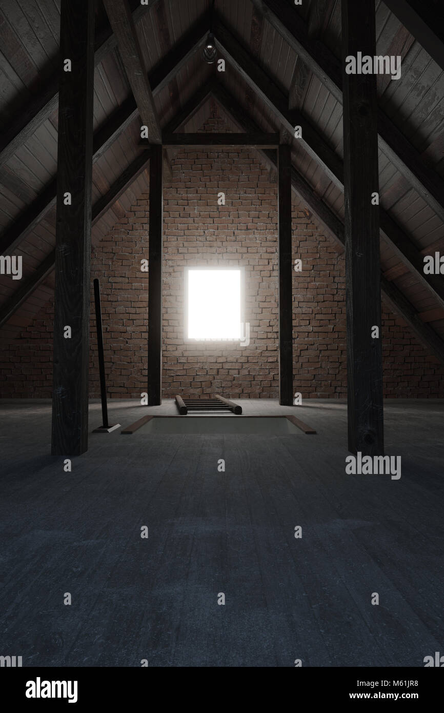 3d rendering of an empty wooden attic room with brick wall Stock Photo ...