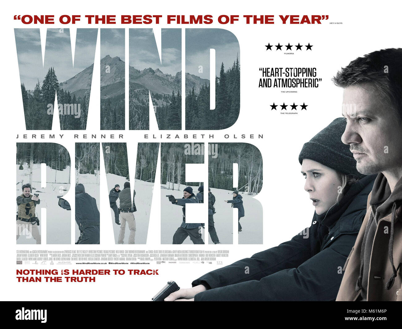 WIND RIVER, British poster, from left: Elizabeth Olsen, Jeremy Renner ...