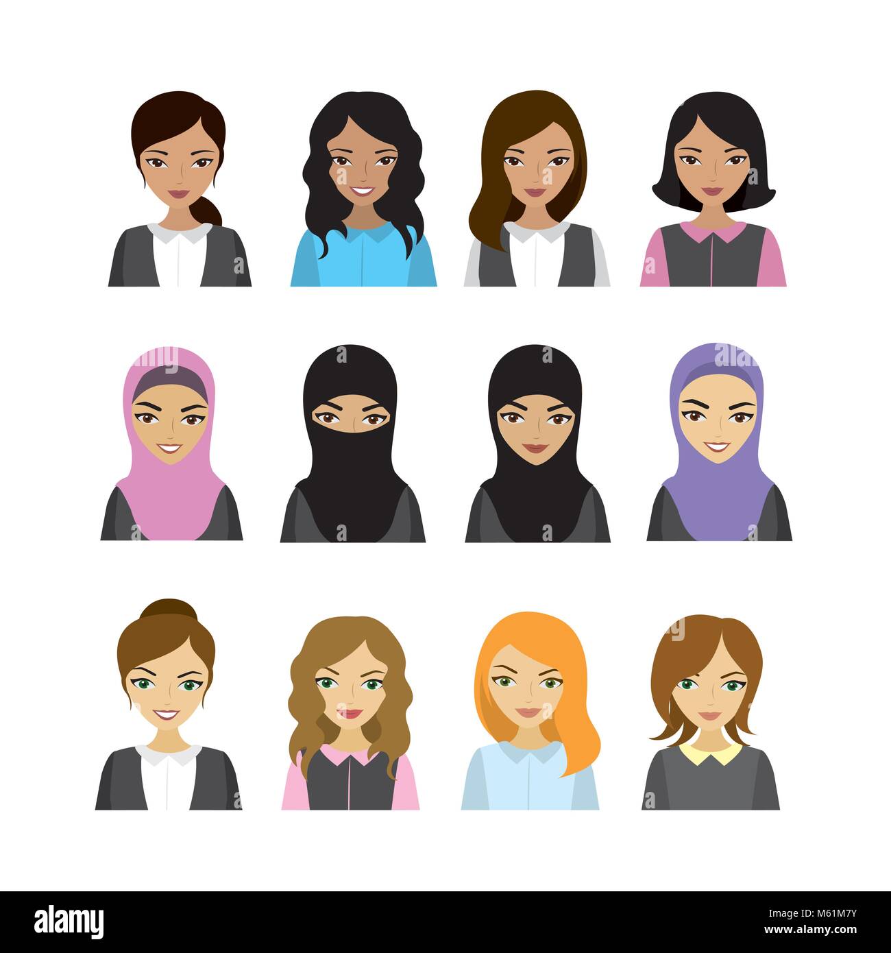Set Female Faces Of Different Races Vector Illustration Stock Vector