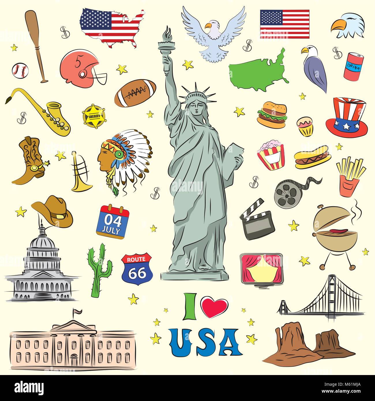 I love the United States, a set of characters, icons, objects. d Stock ...