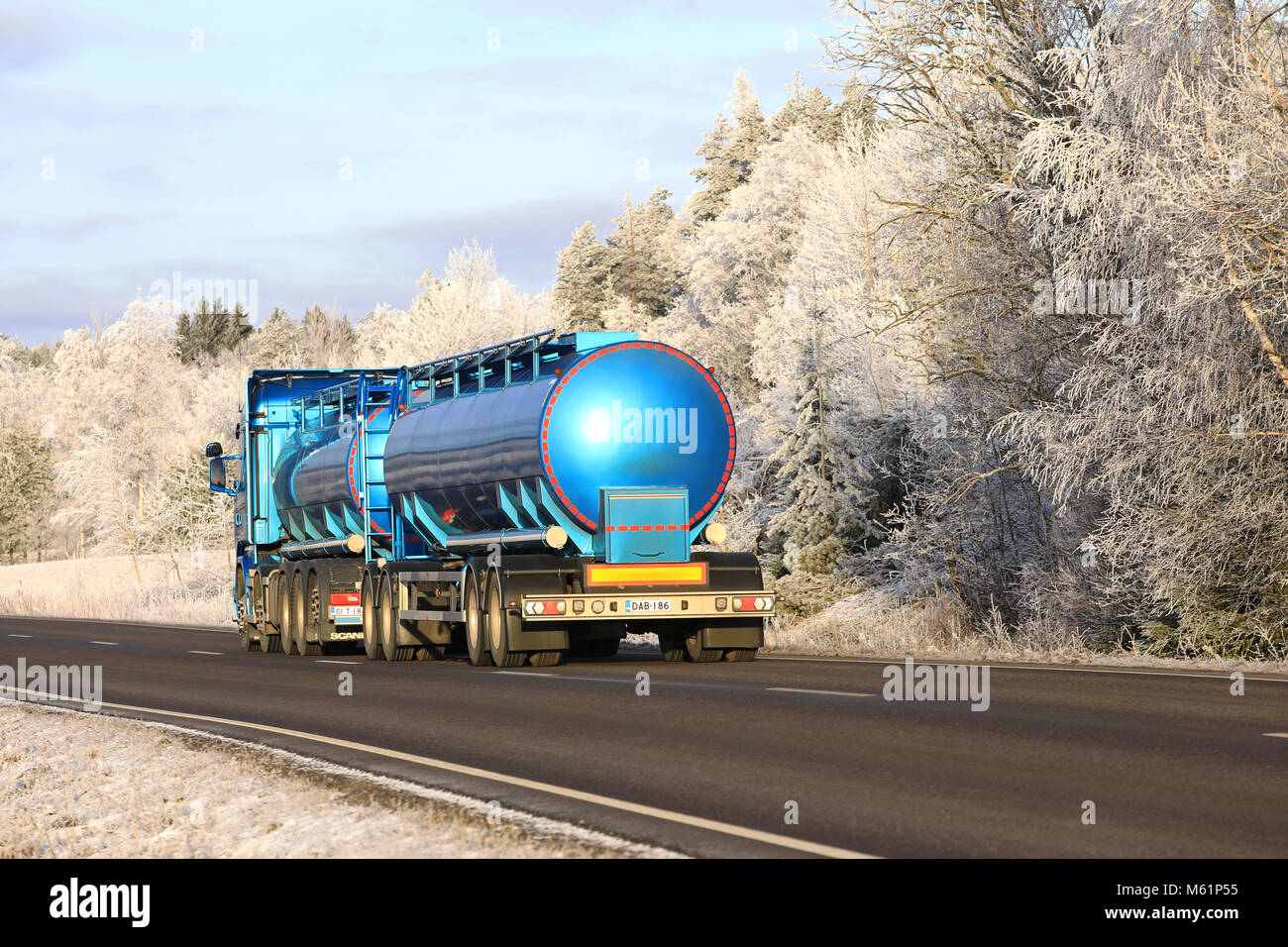 SALO, FINLAND - JANUARY 12, 2018: Blue Scania tank truck moves along ...