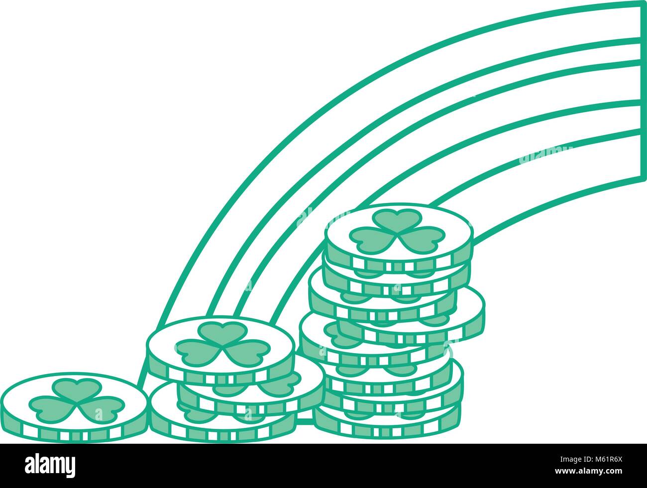 colorful rainbow with gold coins and clovers sign Stock Vector Image ...