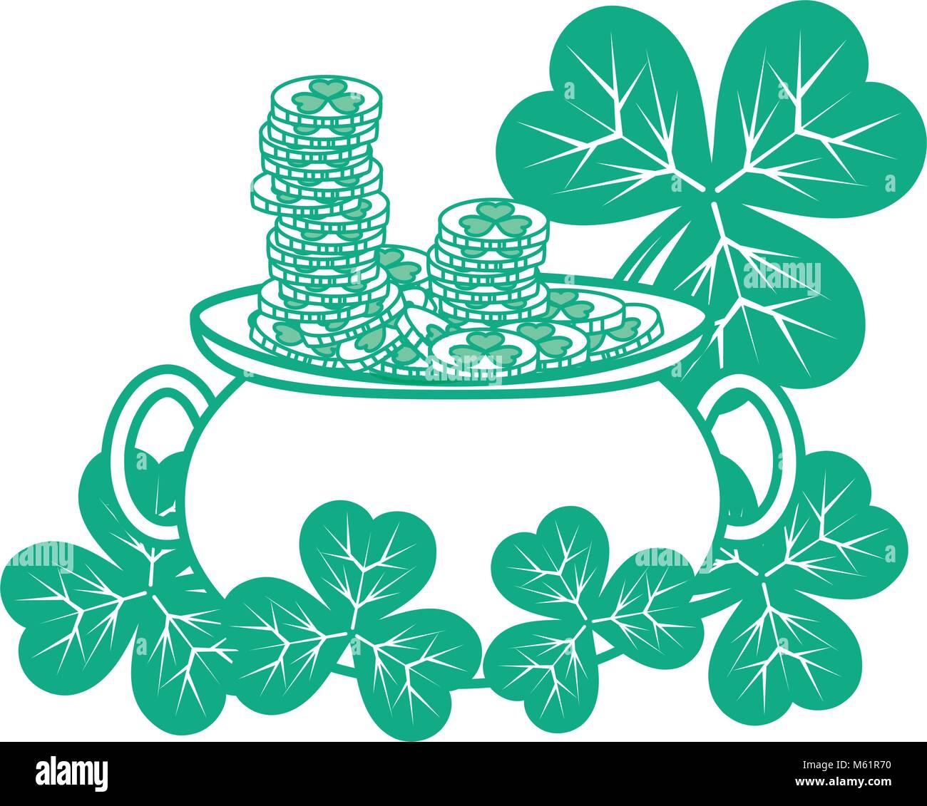 colorful gold coins inside cauldron and clovers plant Stock Vector ...