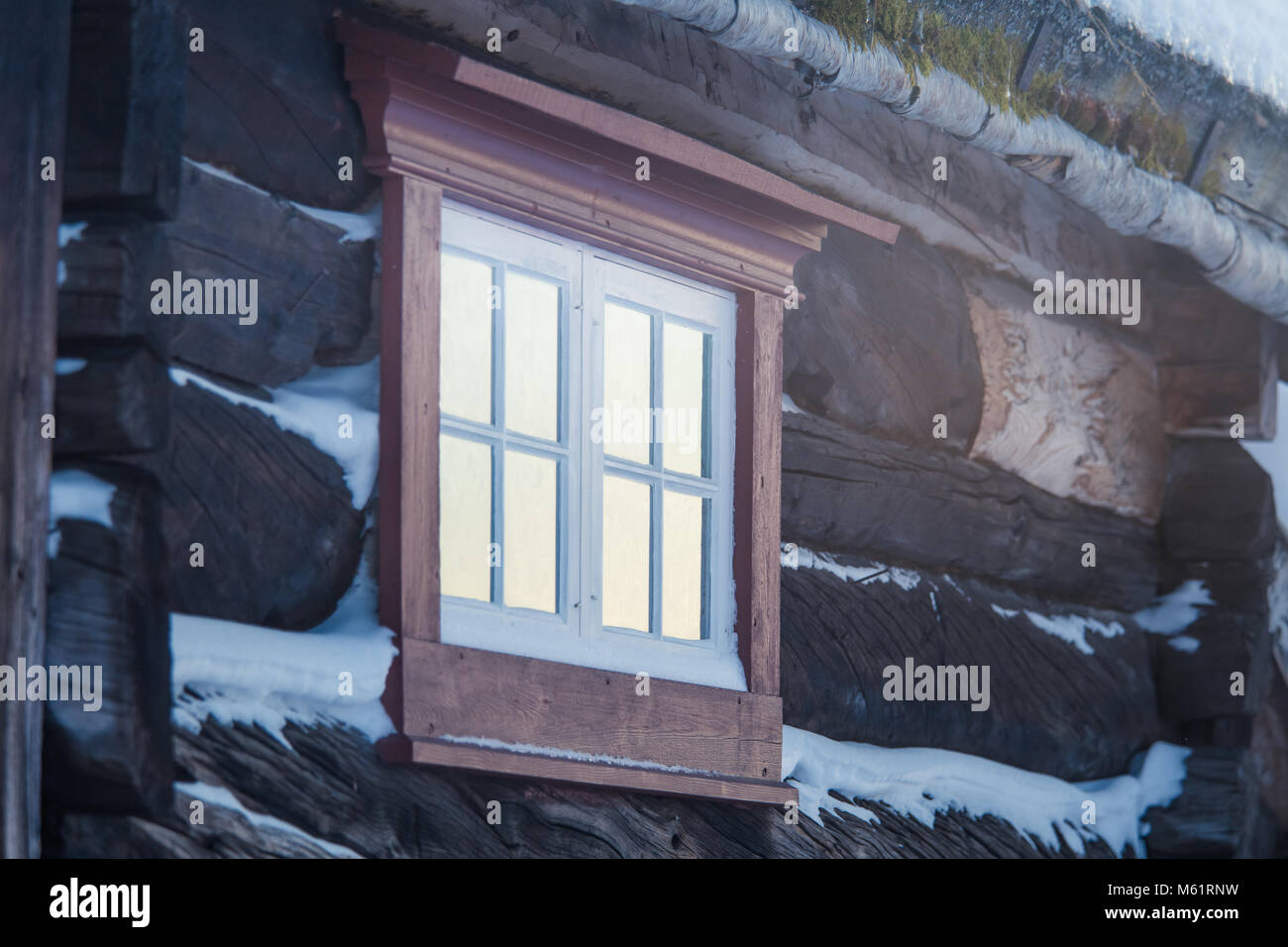 Beautiful wooden window with frozen ice flowers in Norwegian town Stock ...