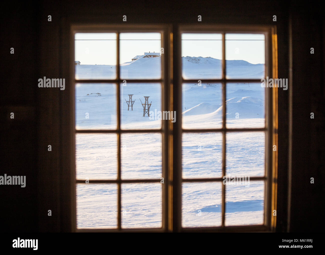 Beautiful wooden window with frozen ice flowers in Norwegian town Stock ...