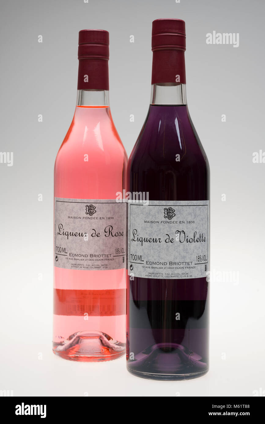 Edmond Briotet, Dijon, rose and violet wine spirit based liqueurs Stock ...