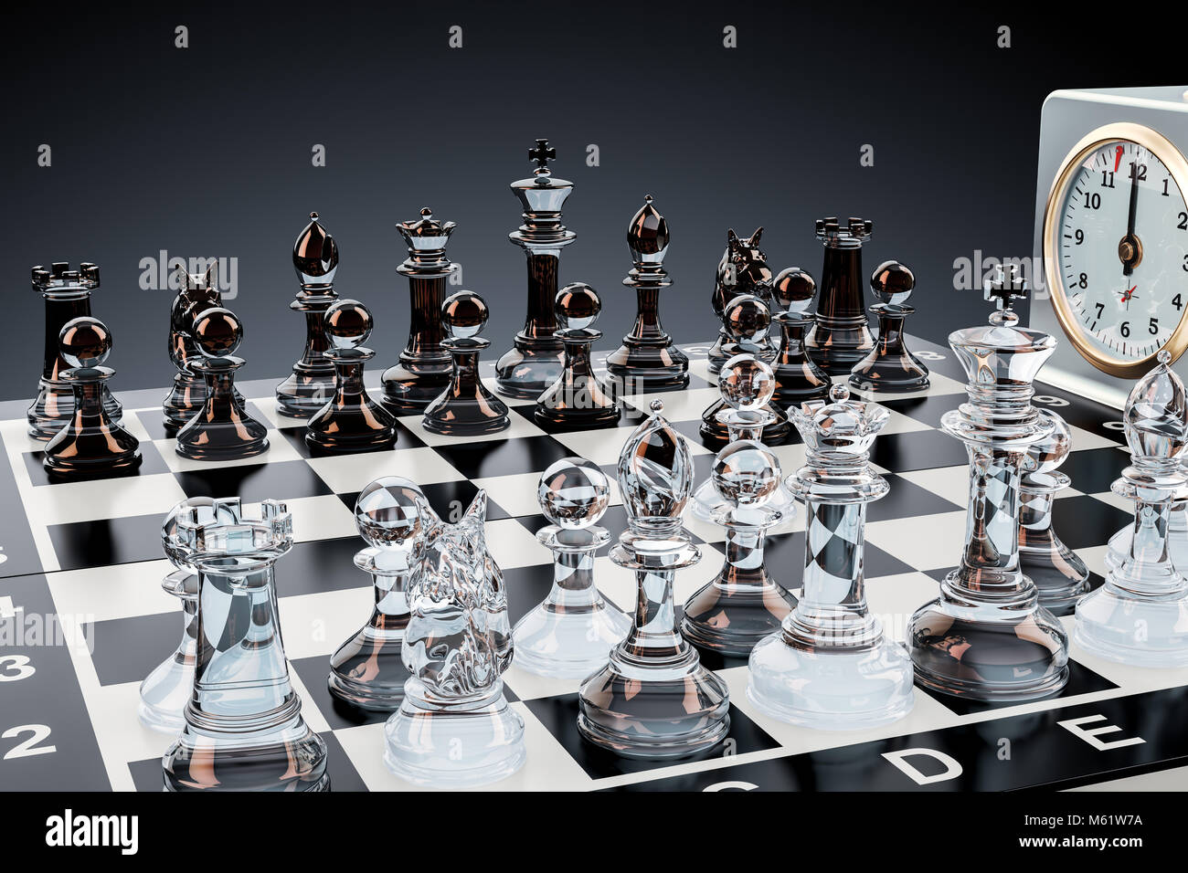 Checkerboard with glass chess figures and chess clock, 3D rendering ...