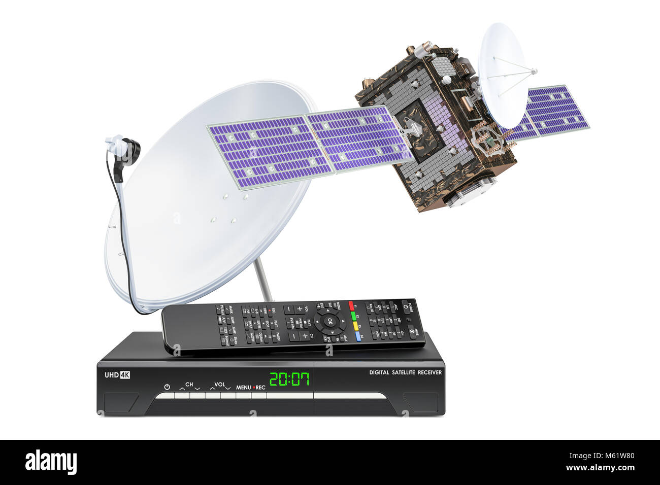 Digital satellite receiver with satellite and satellite dish. 3D ...