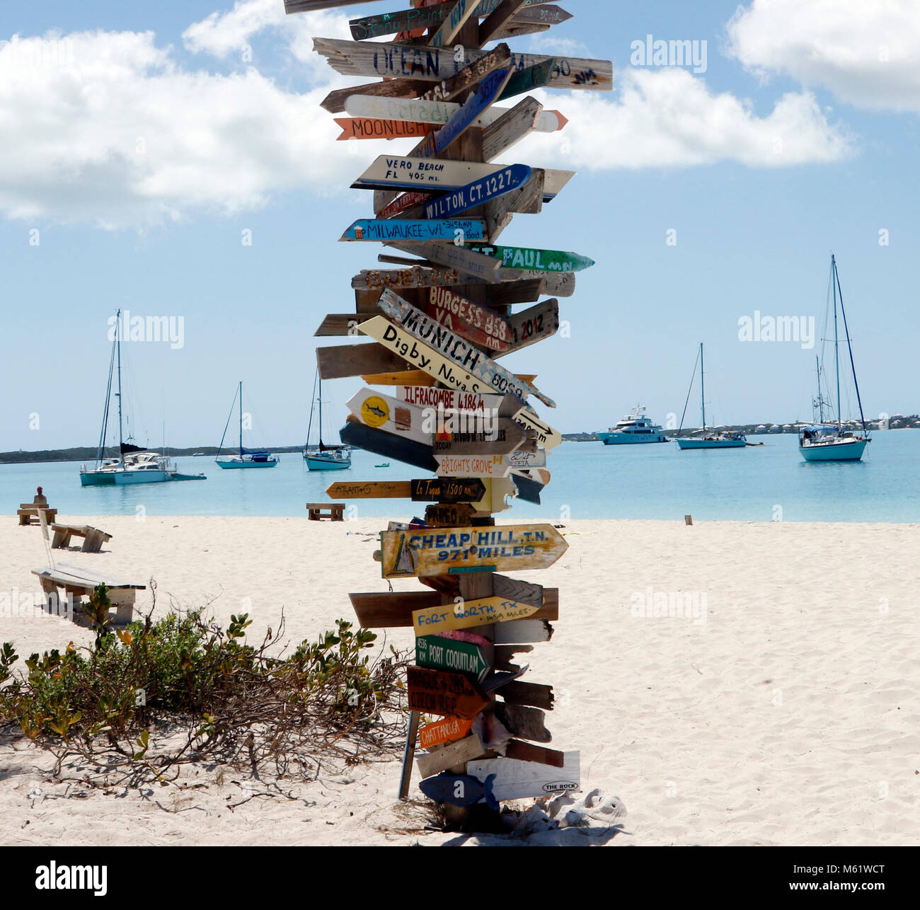 Signs pointing to locations in all directions are posted on the beach ...