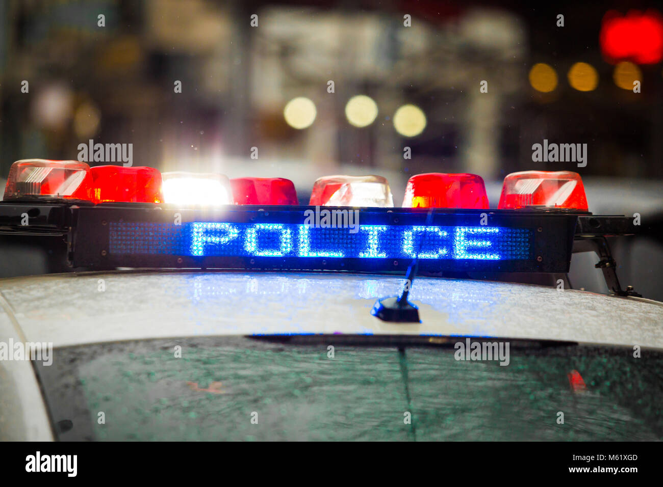 Police emergency lights with warning text close up display Stock Photo ...