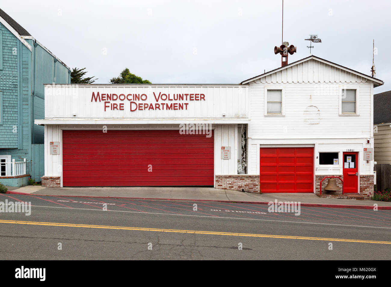 Cute red and white old volunteer firehouse in The small town of ...