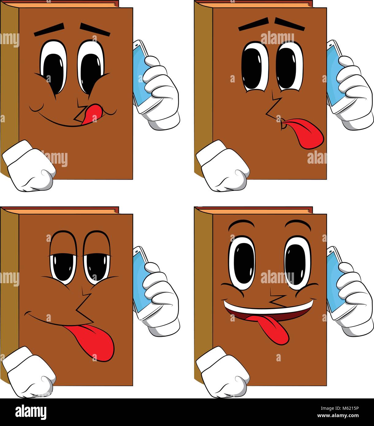 Books talking on cell phone. Cartoon book collection with happy faces ...