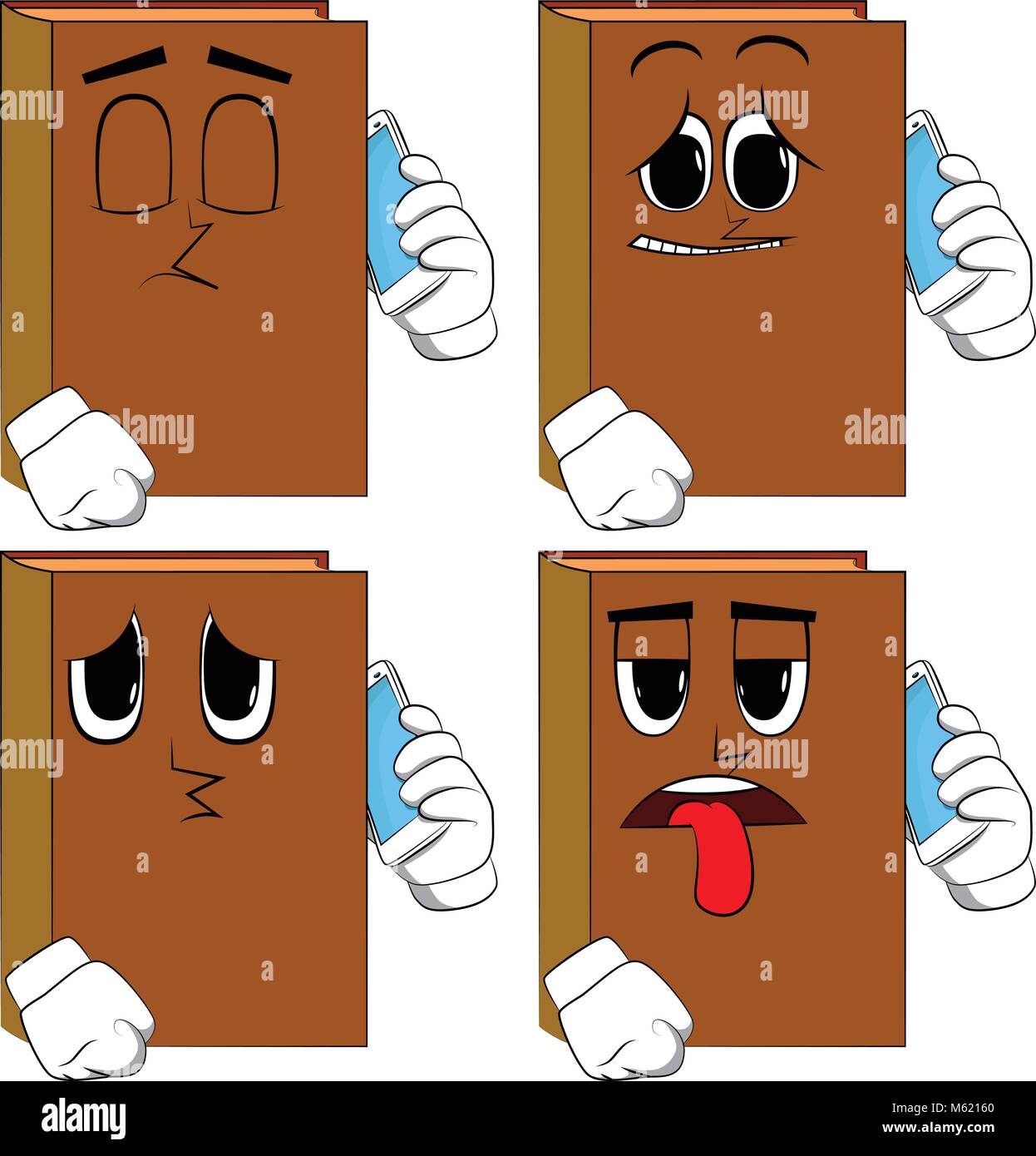 Books talking on cell phone. Cartoon book collection with sad faces ...