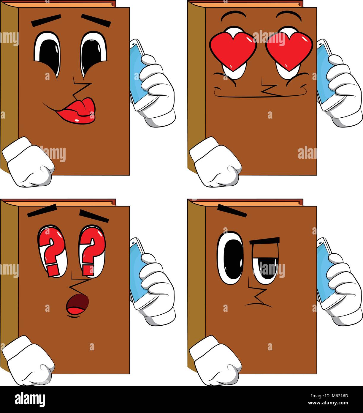 Books talking on cell phone. Cartoon book collection with various faces ...