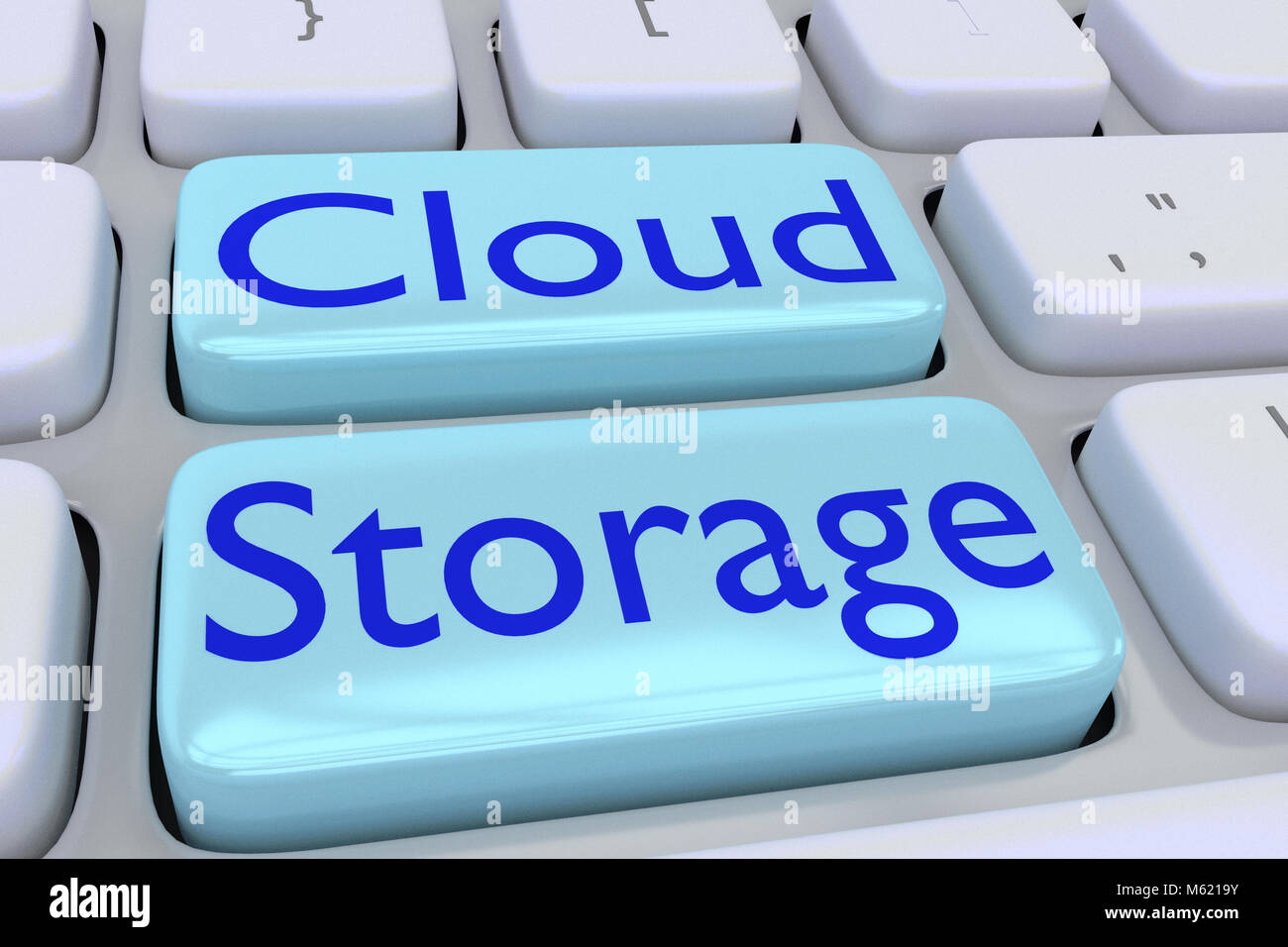 3D illustration of computer keyboard with the script Cloud Storage on two adjacent pale blue ...