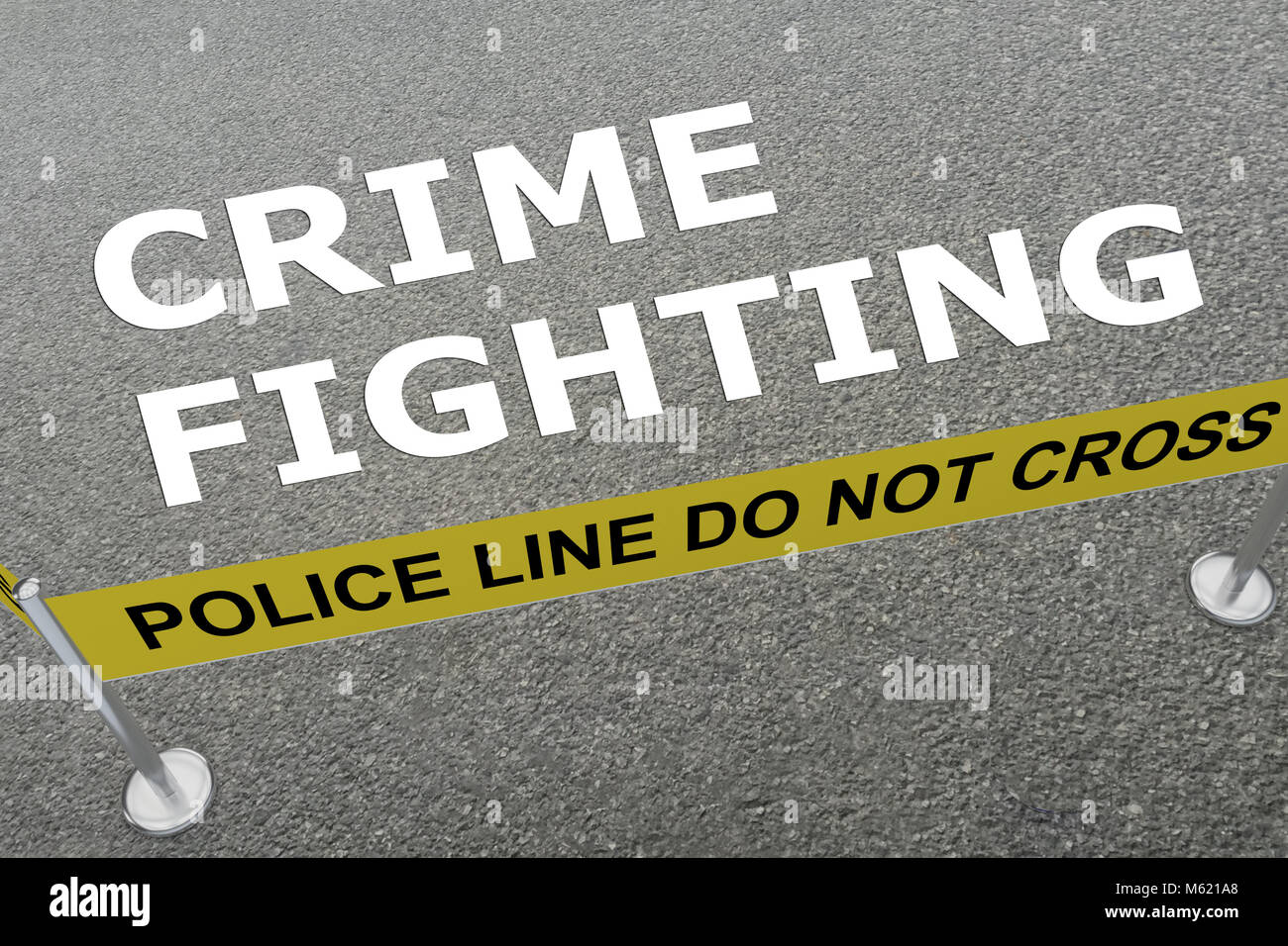 3D illustration of CRIME FIGHTING title on the ground in a police arena ...