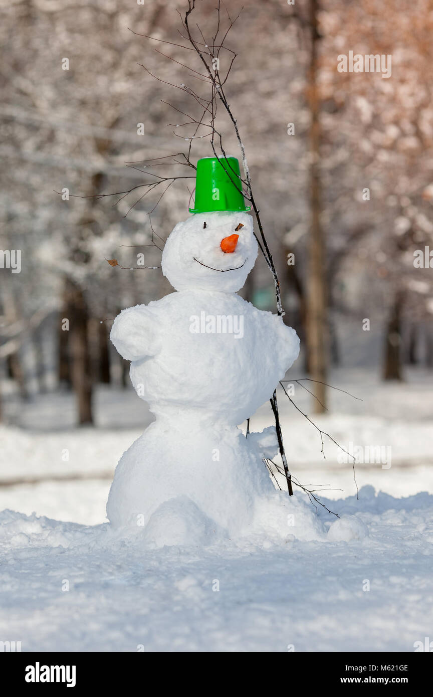 Fun snowman in park Stock Photo - Alamy
